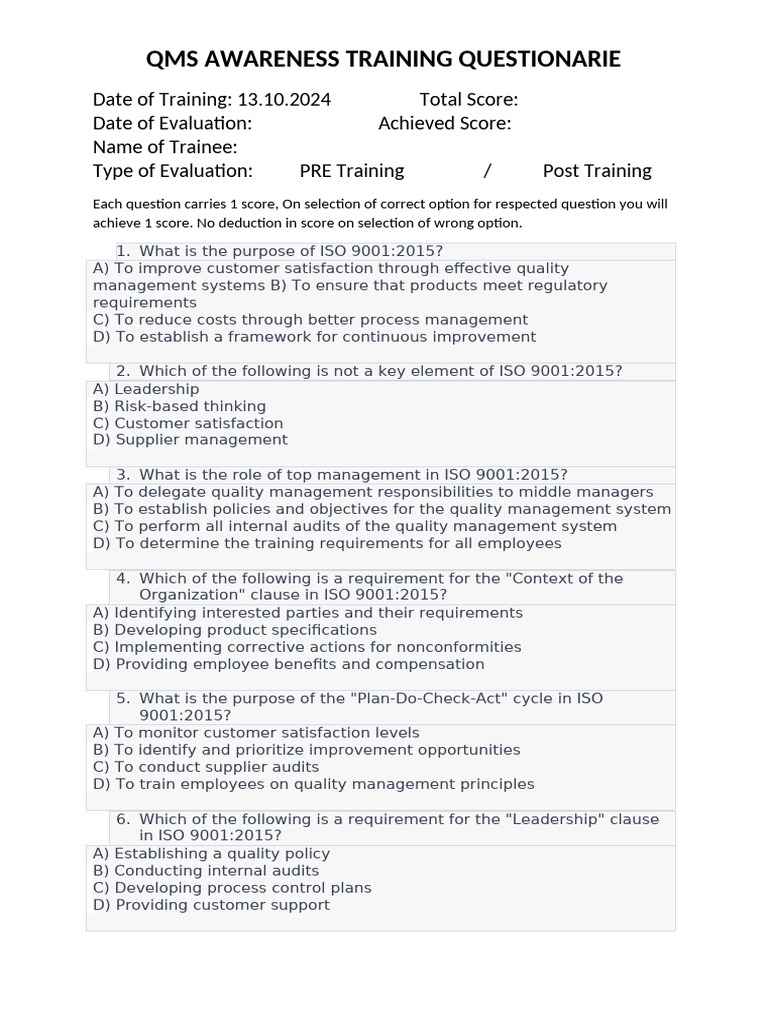 QMS Awareness Questionarie - English | PDF | Iso 9000 | Quality Management