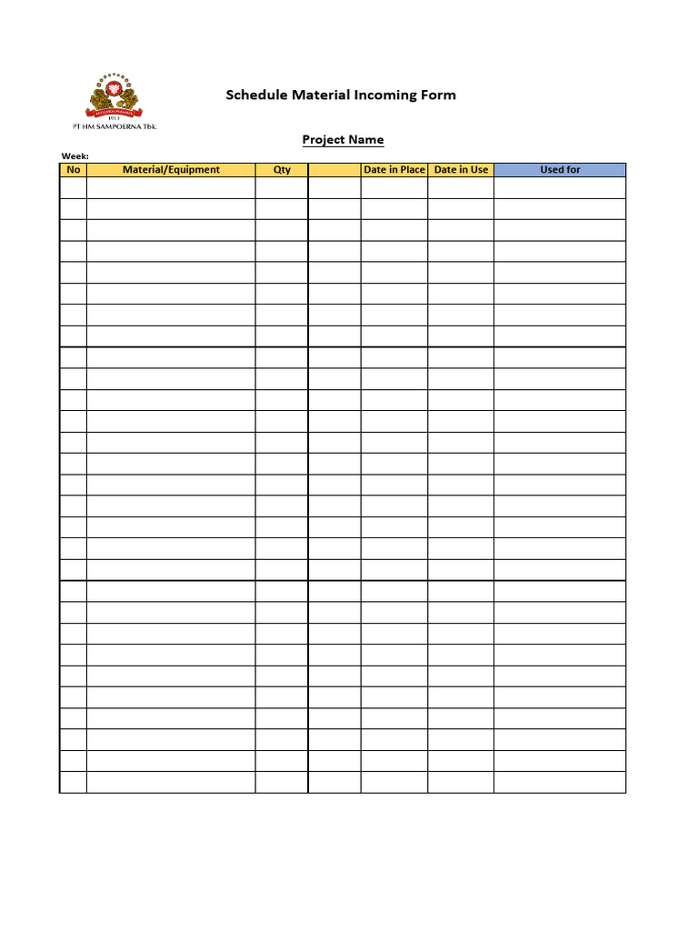 Schedule Material Incoming Form | PDF | Art | Technology & Engineering