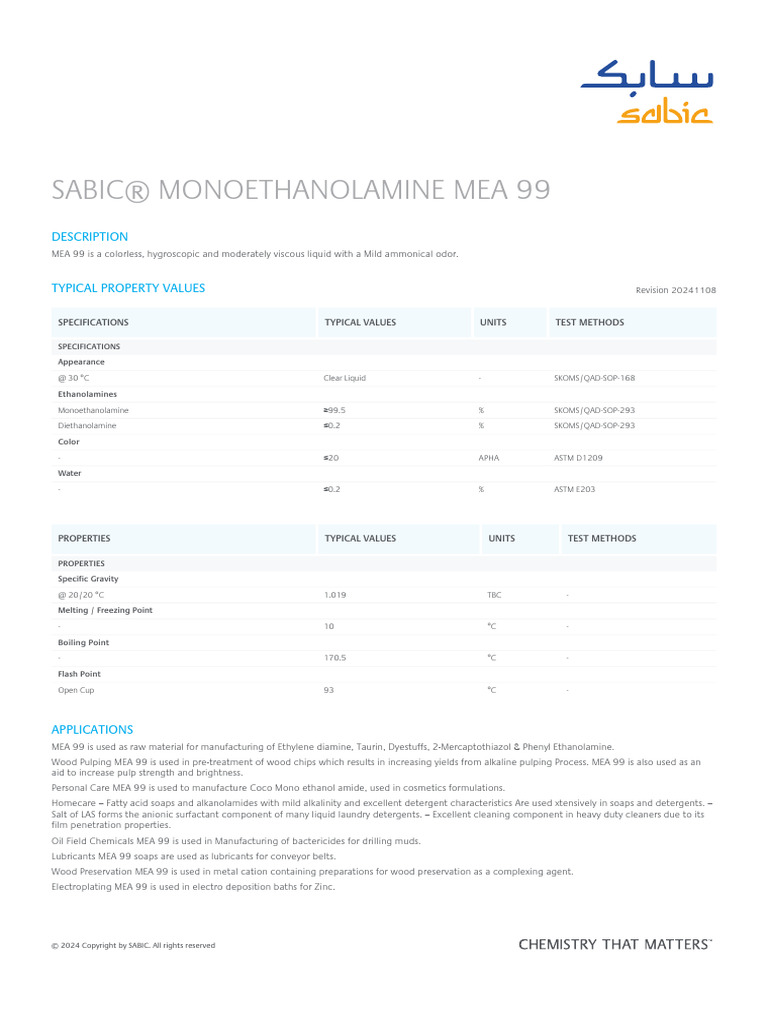 SABIC® Monoethanolamine MEA 99 TDS | PDF | Detergent | Sodium Dodecyl Sulfate