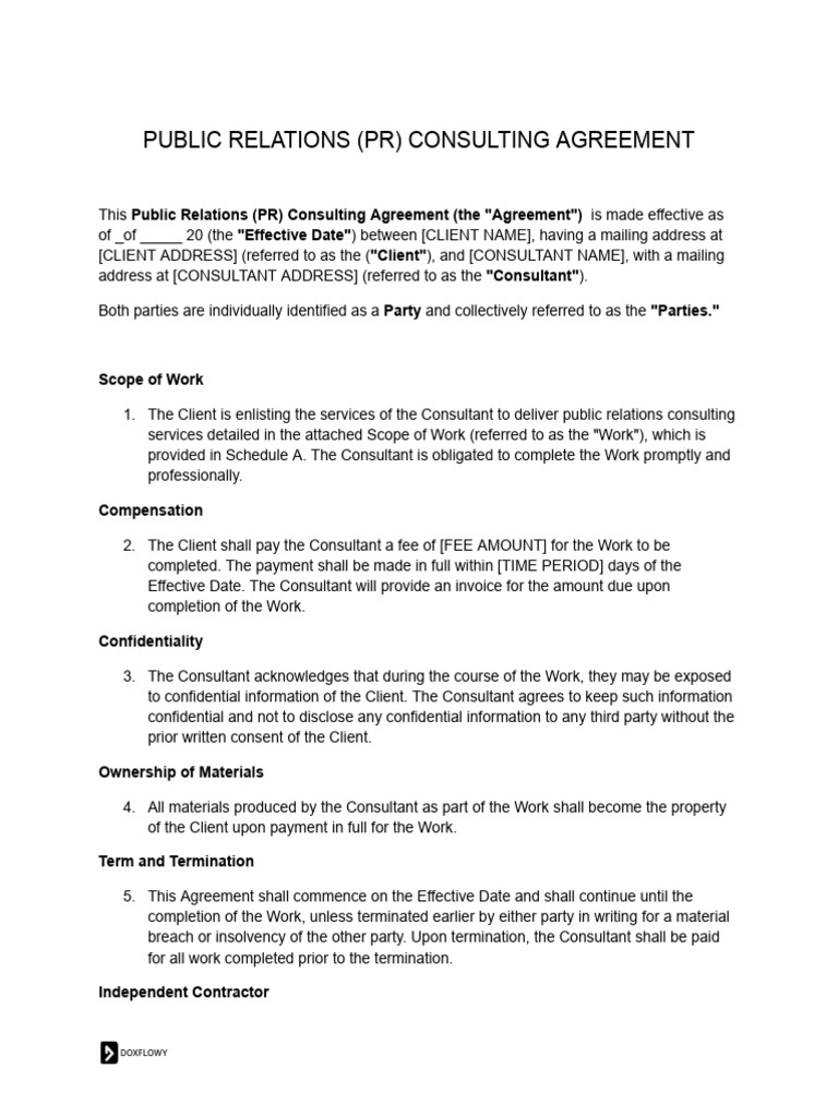 PUBLIC RELATIONS PR CONSULTING AGREEMENT - Docx 1 | PDF | Indemnity | Private Law