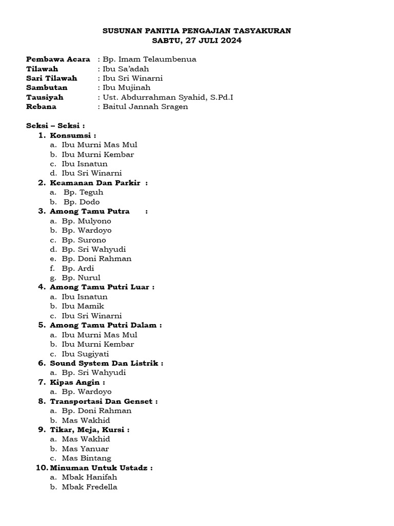 Susunan Panitia Pengajian Tasyakuran | PDF | Perjalanan | Kesehatan Holistik