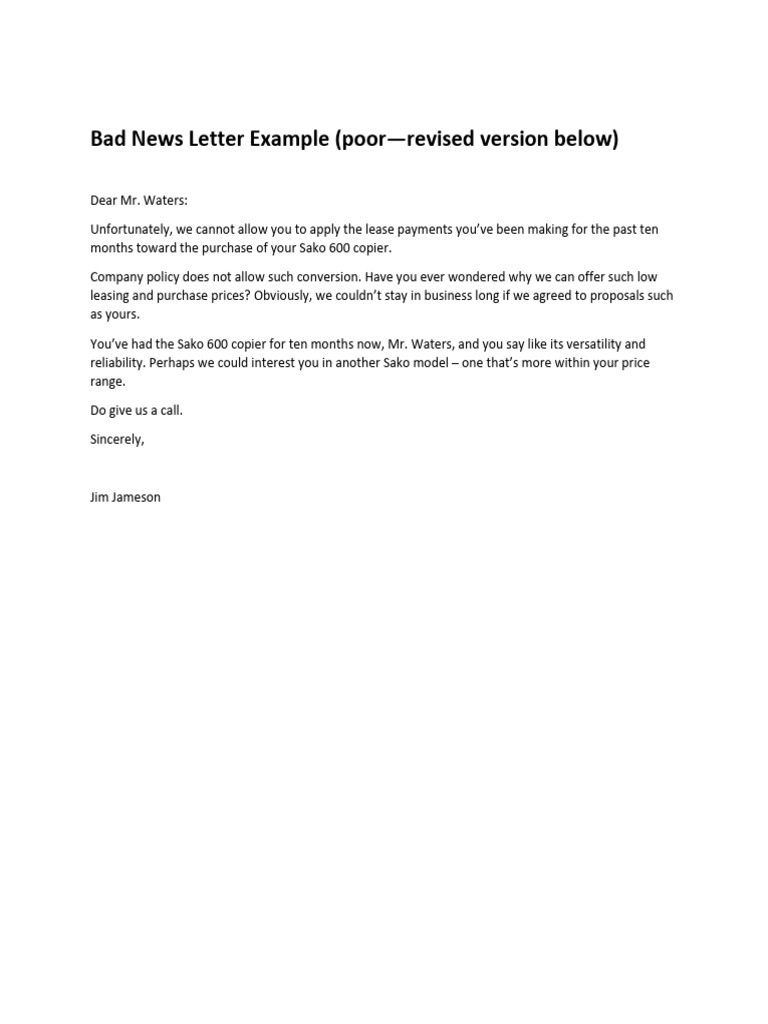 Bad News Letter Example With Revision | PDF