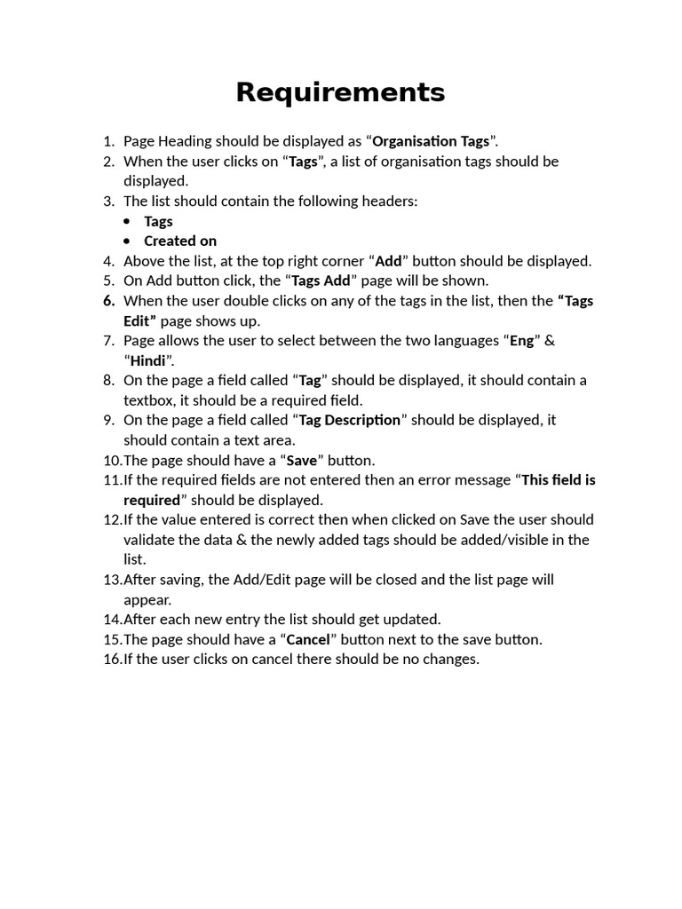Organisation Tags Requirements | PDF