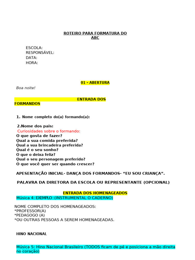 Roteiro para Formatura Do Abc Padrão | PDF | Amor