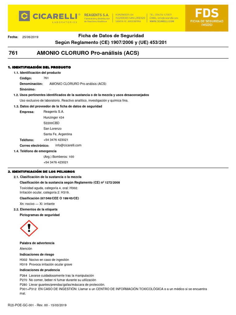 761 AMONIO CLORURO Pro-Análisis (ACS) : Ficha de Datos de Seguridad Según Reglamento (CE) 1907/ ...