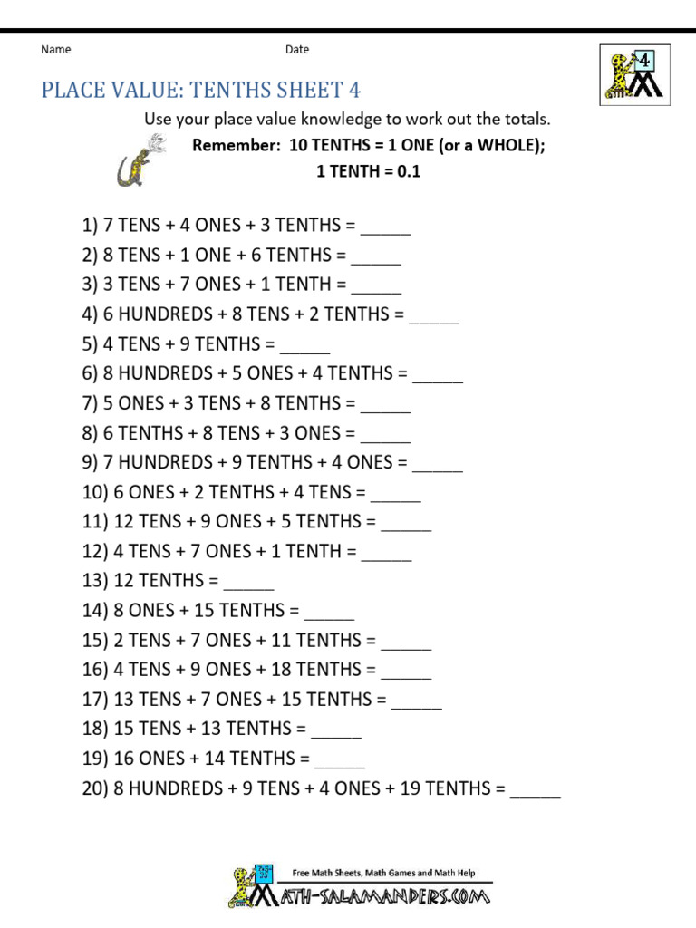 Place Value: Tenths Worksheet 4 | PDF
