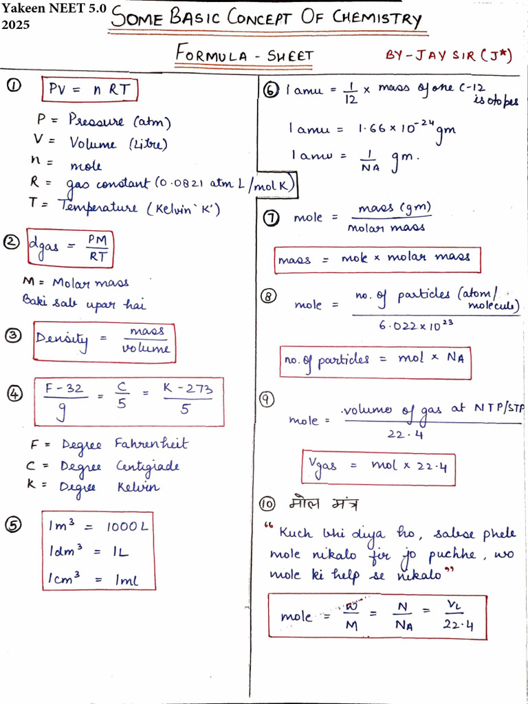 Some Basic Concepts of Chemistry - Formula Sheet - Yakeen NEET 5.0 2025 | PDF