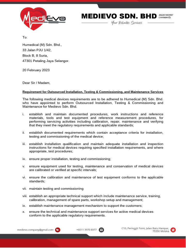 Letter To Outsourced Biomed EST PPM T&C | PDF