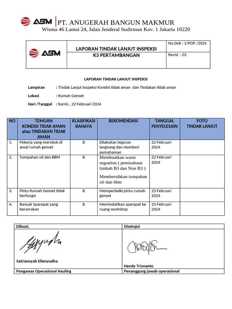 SK 07B Laporan Tindak Lanjut Inspeksi | PDF