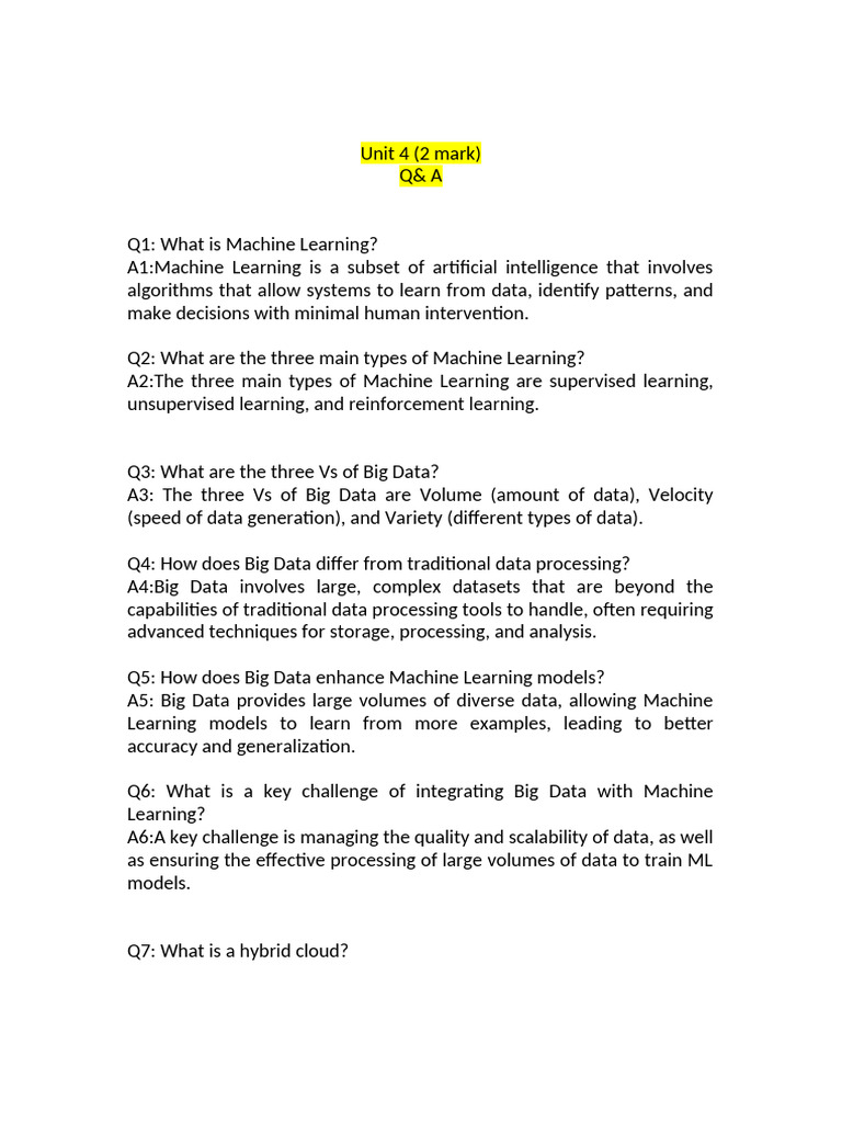 Unit 4 (2 Marks) | PDF | Machine Learning | Big Data