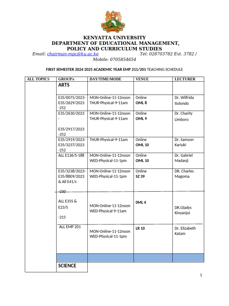 Emp 211 First Semester 2024 2025 Teaching Schedule Final (R) | PDF