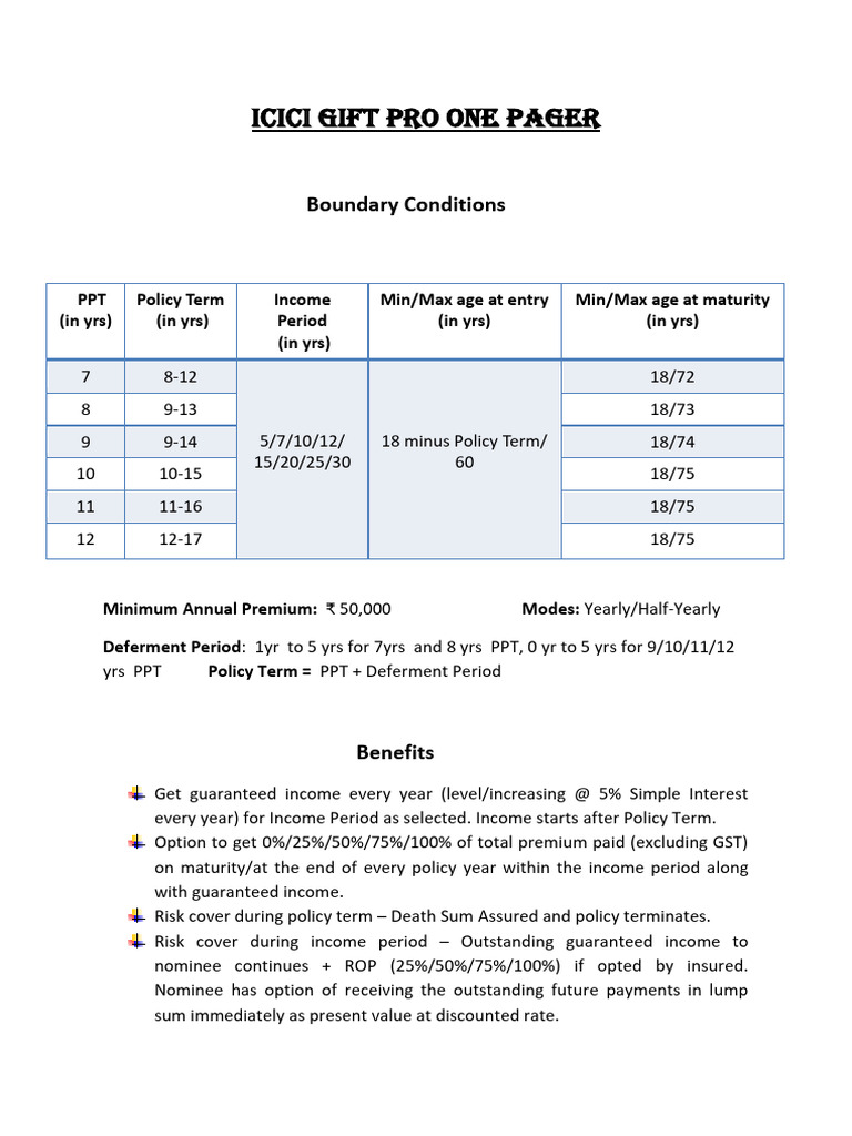 ICICI GIFT Pro Income Plan Overview | PDF | Insurance | Present Value