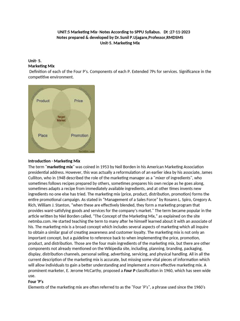 5 - Marketing Mix Notes 26-11-23 | PDF | Marketing | Product (Business)