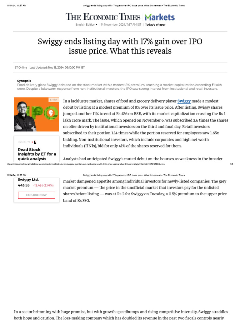 Swiggy Ends Listing Day With 17% Gain Over IPO Issue Price. What This ...