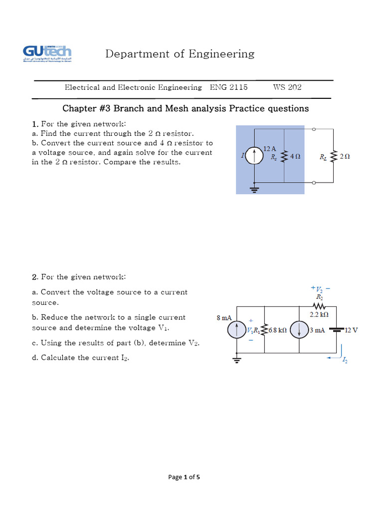 Branch and Mesh Analysis Exercises | PDF