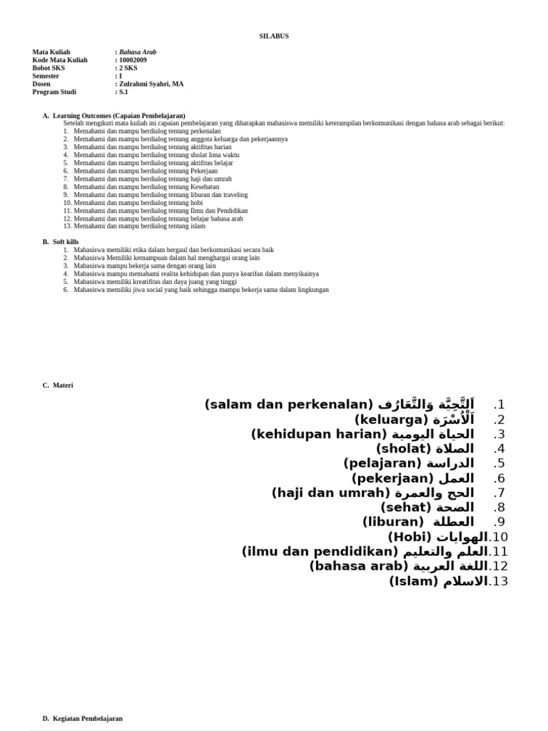 SILABUS Matkul Bahasa Arab SMST 1 | PDF