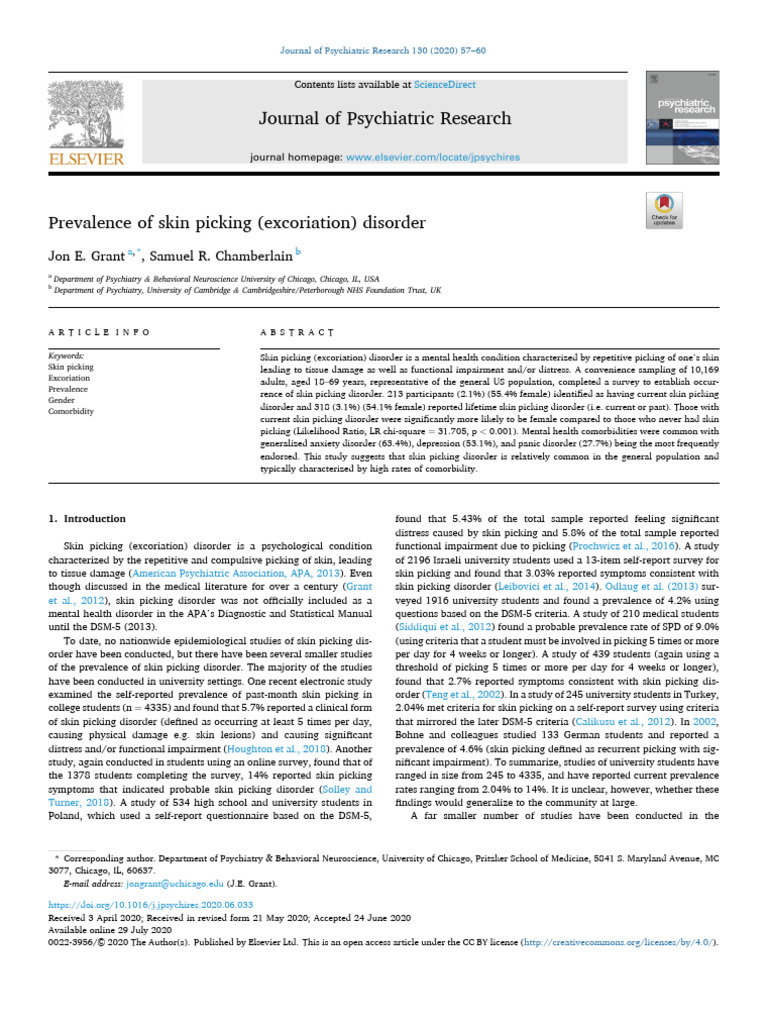 Prevalence of Skin Picking Excoriation Di - 2020 - Journal of ...