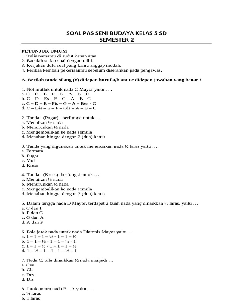 Contoh Soal UAS Seni Budaya Kelas 5 SD MI Dan Kunci Jawaban | PDF
