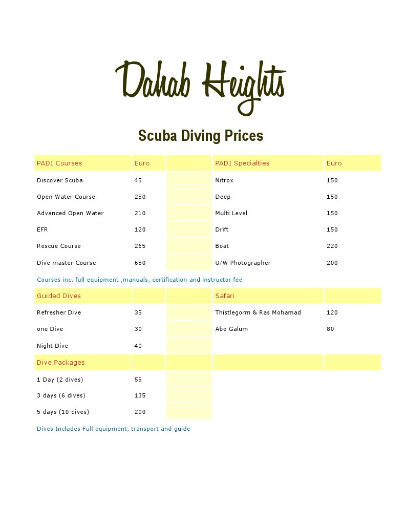 Diving Activities Price List2 | PDF | Science & Mathematics