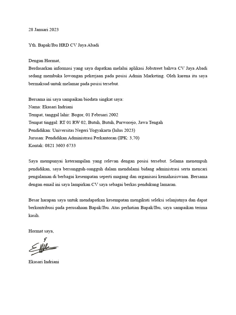 Surat Lamaran Kerja CV Jaya Abadi | PDF