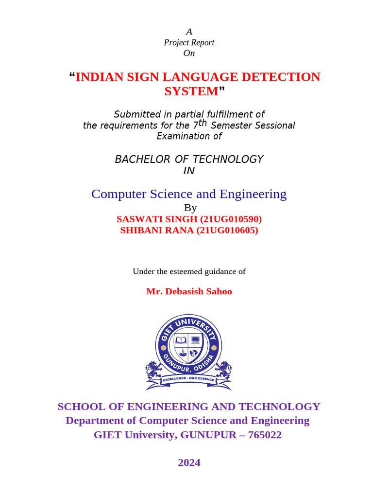 Indian Sign Language Detection System: Computer Science and Engineering ...