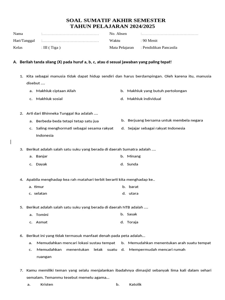 Soal Dan Kunci SAS I Pend. Pancasila Kelas 3 | PDF | Karier & Perkembangan