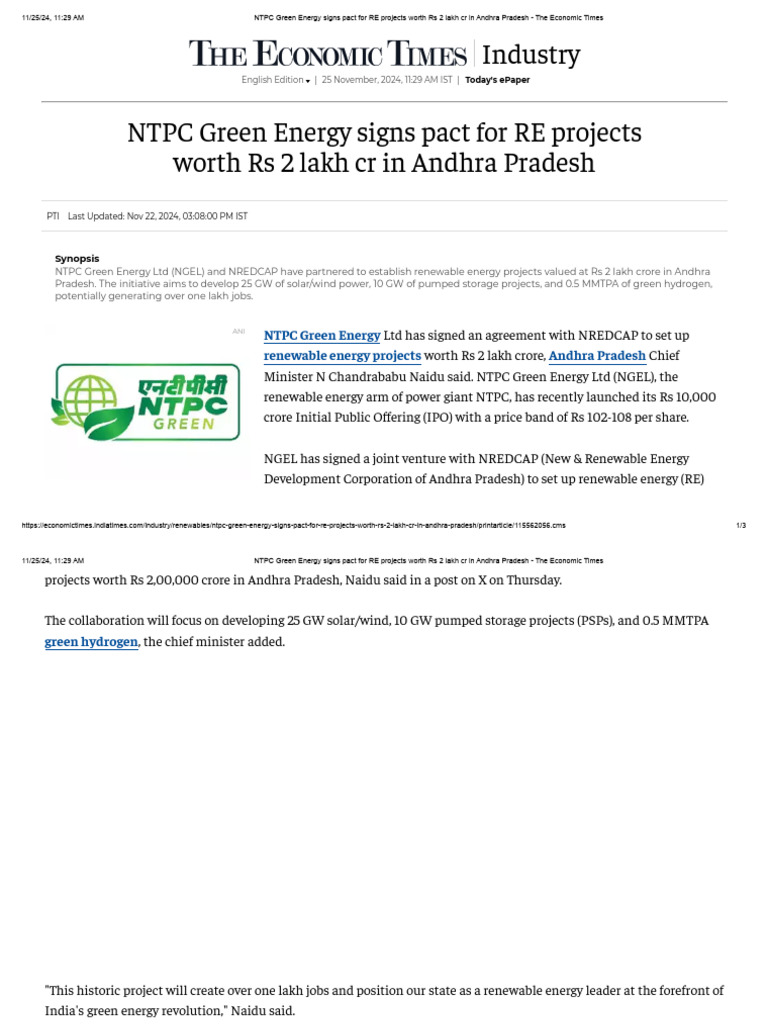 NTPC Green Energy Signs Pact For RE Projects Worth Rs 2 Lakh CR in Andhra Pradesh - The Economic ...