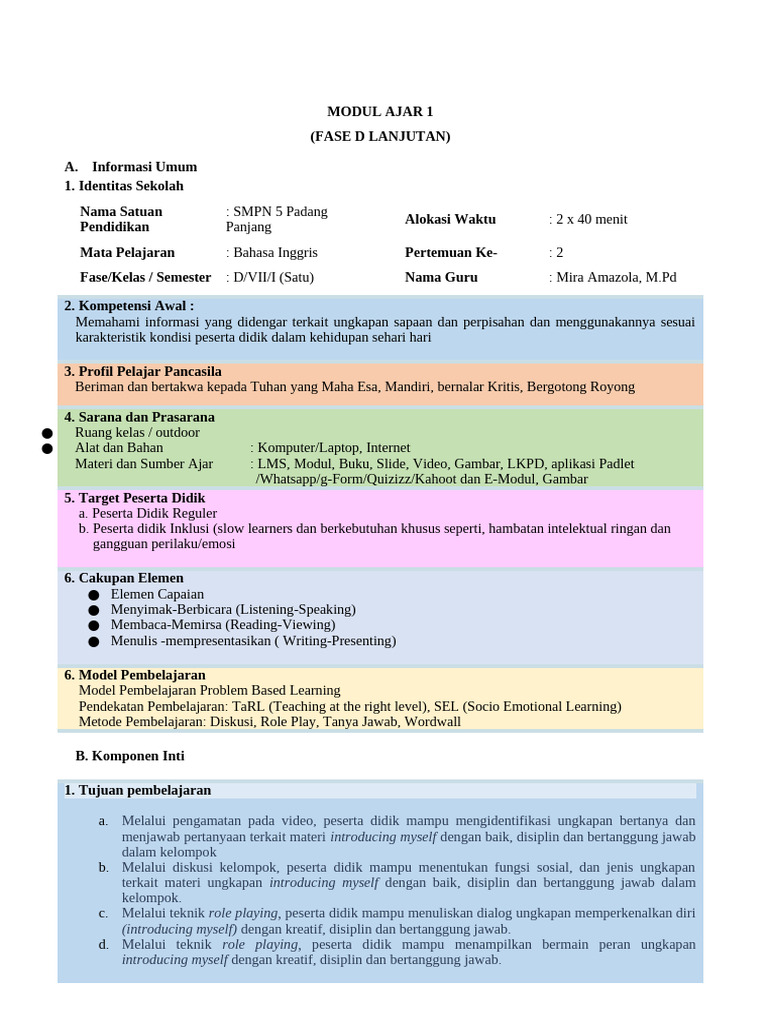 Modul Ajar Introducing Yourself Part 2-1 | PDF