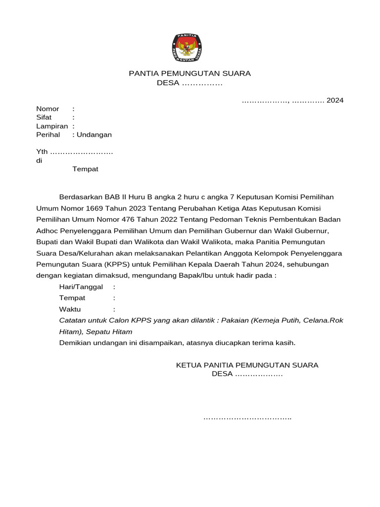 Undangan Pelantikan KPPS 2024 Desa | PDF | Hukum