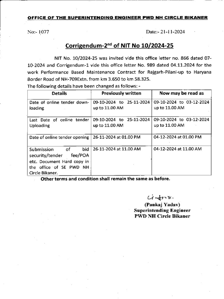 Corrigendum-2™ Of: NIT Letter Dated Letter Dated 04.11.2024 The Performance Maintenance To To ...