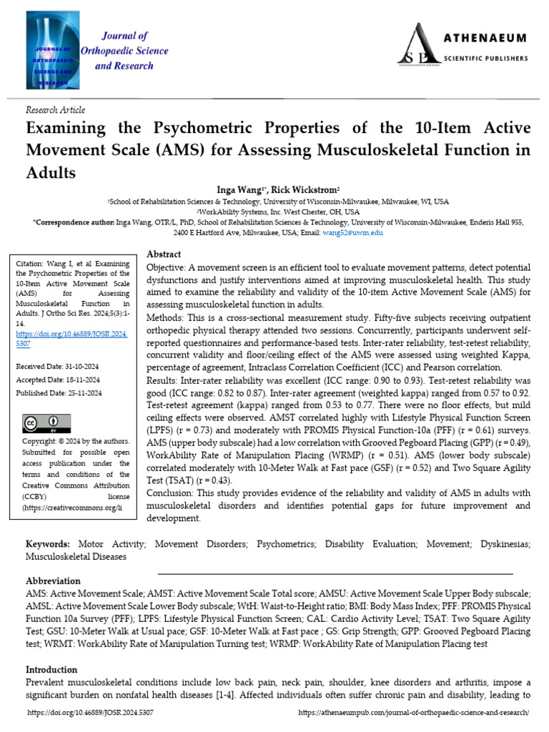 Examining The Psychometric Properties of The 10 Item Active Movement ...