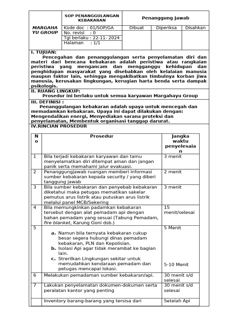 01 Sop Penanggulangan Kebakaran | PDF