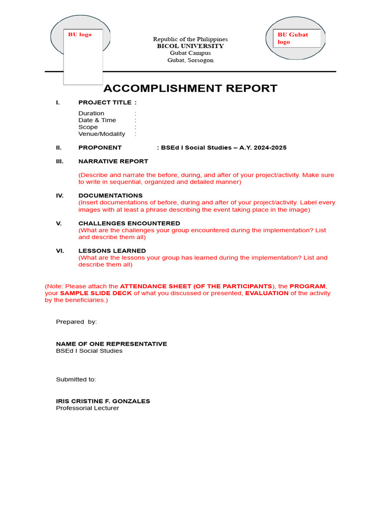 BSEd I Accomplishment Report Template | PDF | Art