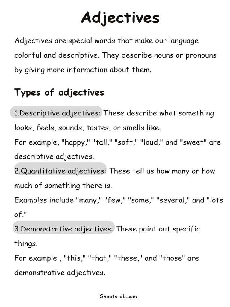 Adjectives Sheets | PDF | Adjective | Language Mechanics