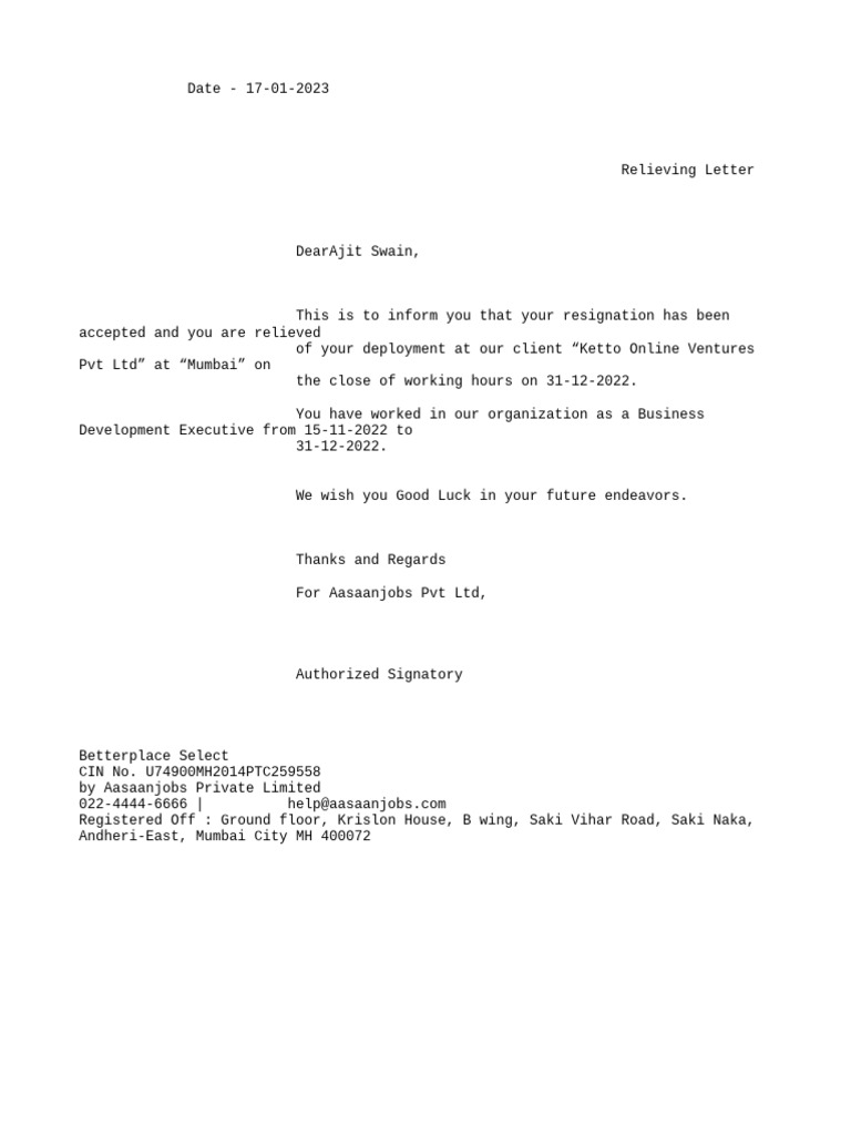 Relieving Letter for Ajit Swain | PDF | Finance & Money Management