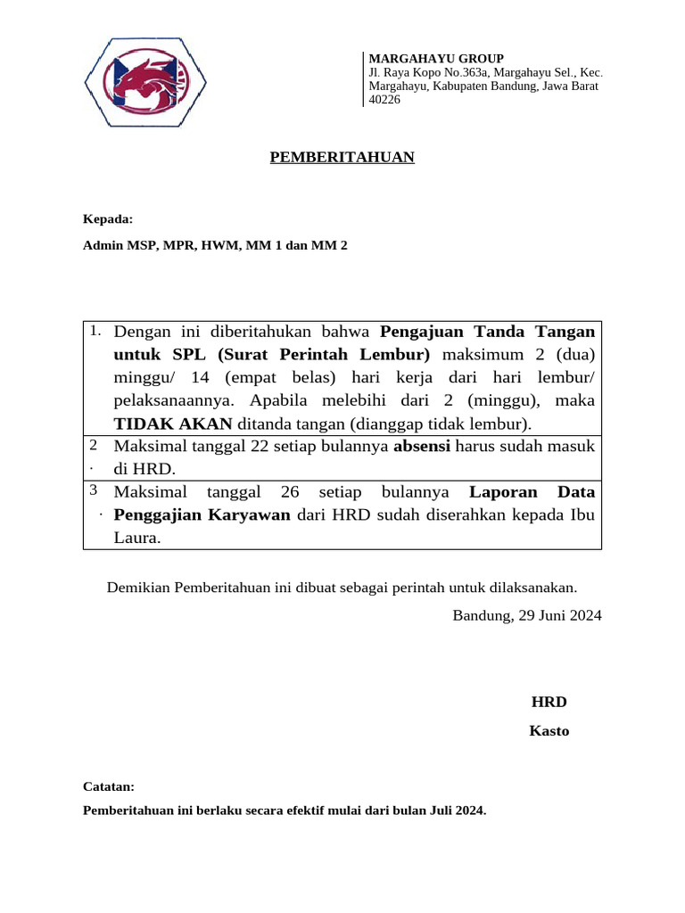 Kebijakan SPL dan Absensi Margahayu | PDF