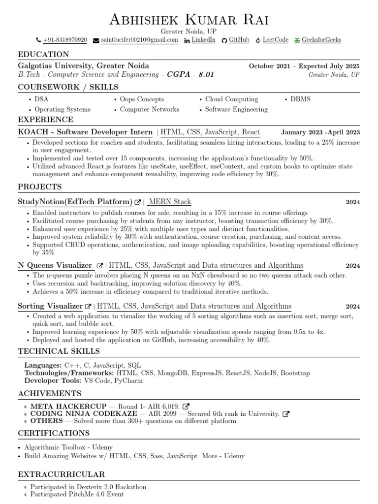 Cv Abhishek Updated Pdf Java Script Computing