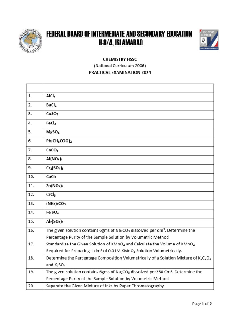 HSSC Chemistry Practical Exam 2024 Guide | PDF | Titration | Chemistry
