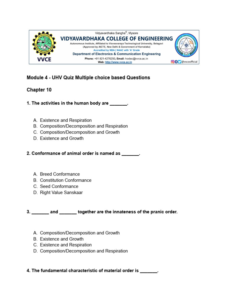 Module 4 - UHV Quiz Multiple Choice Based Questions | PDF | Language Arts & Discipline | Wellness