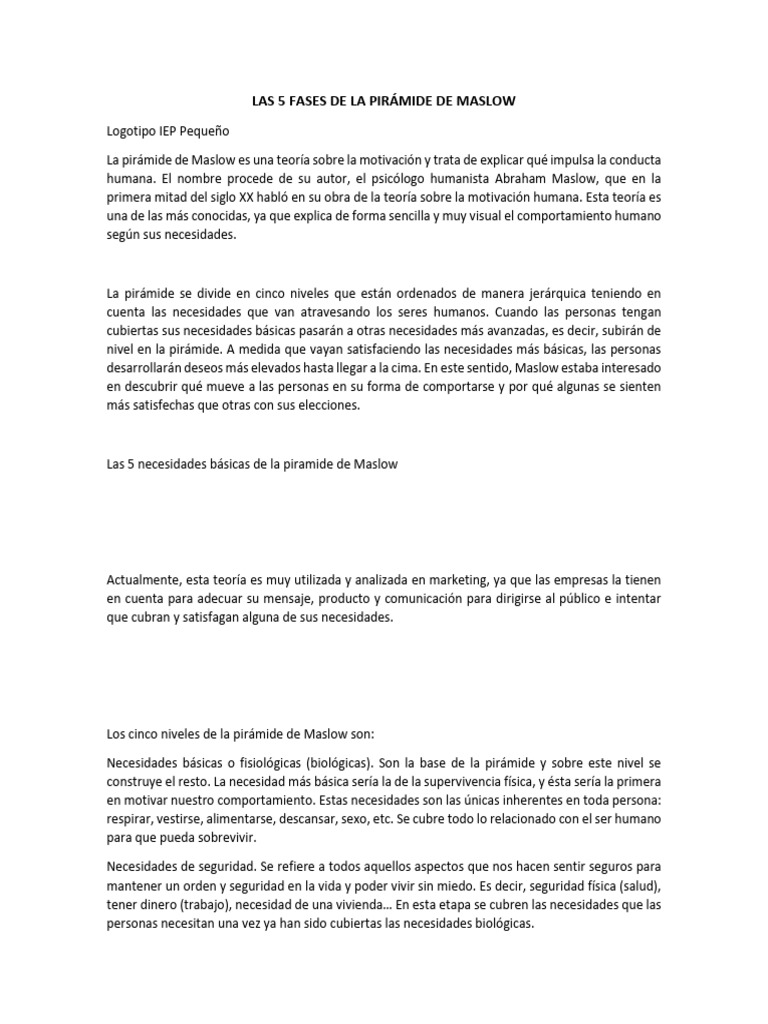 Las 5 Fases de La Pirámide de Maslow | PDF | Sicología | Psicología Social Las 5 Fases de La Pirámide de Maslow | PDF | Sicología | Psicología Social