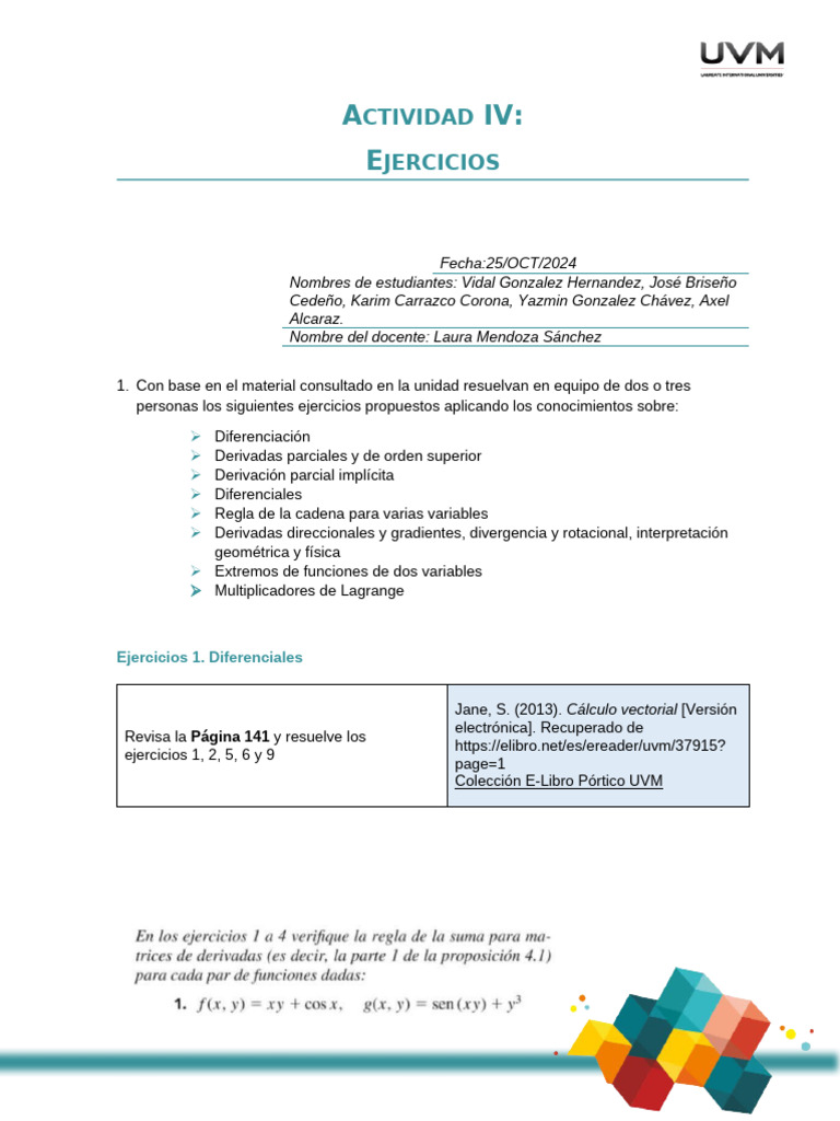 A4 - Ejercicios Calculo Vectorial | PDF | Derivado | Álgebra lineal