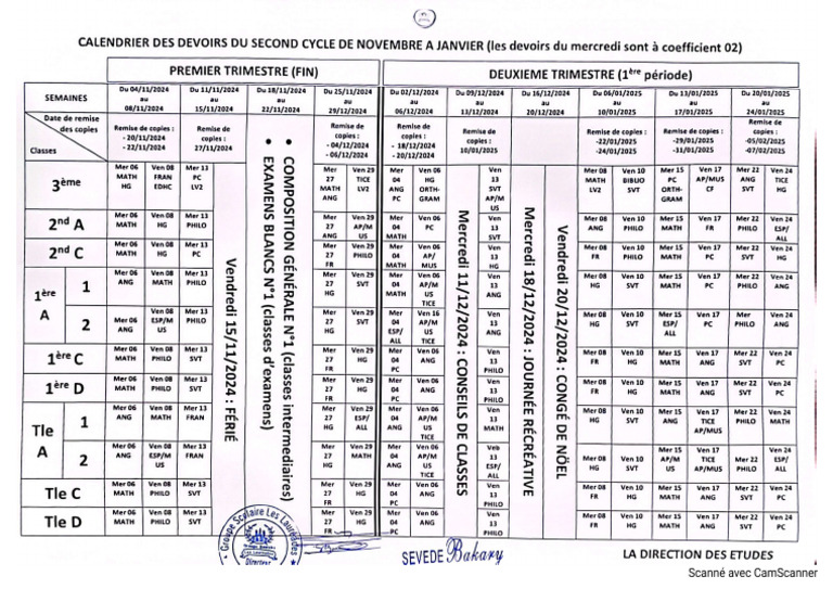 Calendrier Des Devoirs de Novembre À Janvier 24-25 Second Cycle | PDF