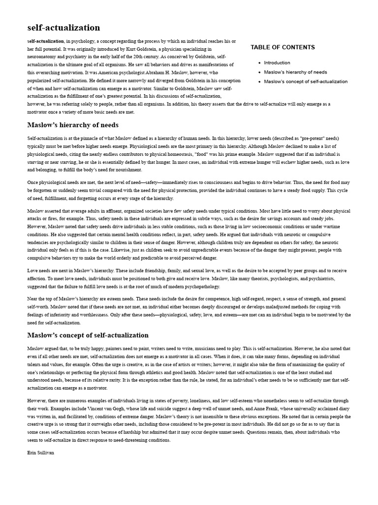 Self-Actualization - Britannica Online Encyclopedia | PDF | Self Actualization | Self Esteem