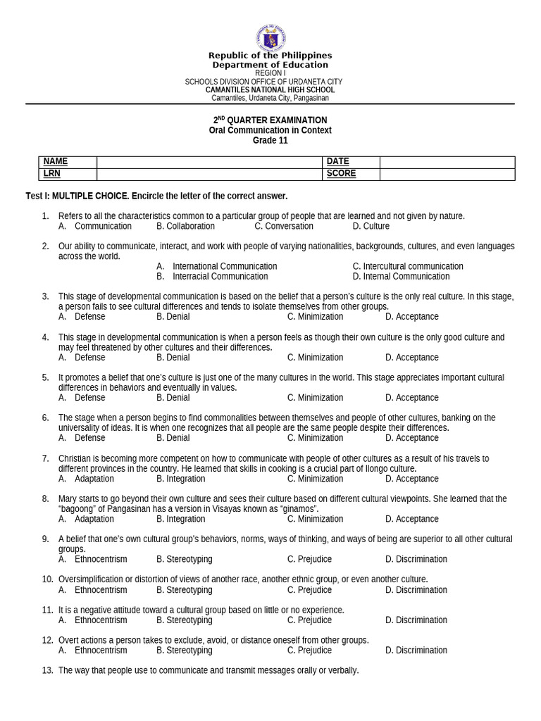 Oral Comm 2ND Periodical Test | PDF | Communication | Stereotypes