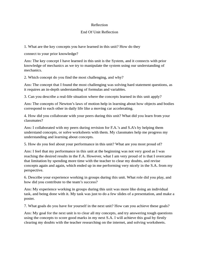 Unit Reflection on Learning Concepts | PDF | Mechanics | Concept