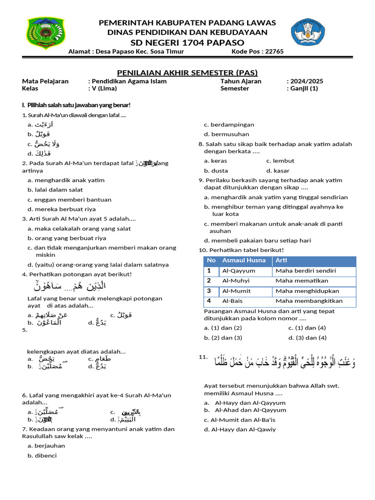 Soal Pai Semester Ganjil Kelas 5 SDN | PDF