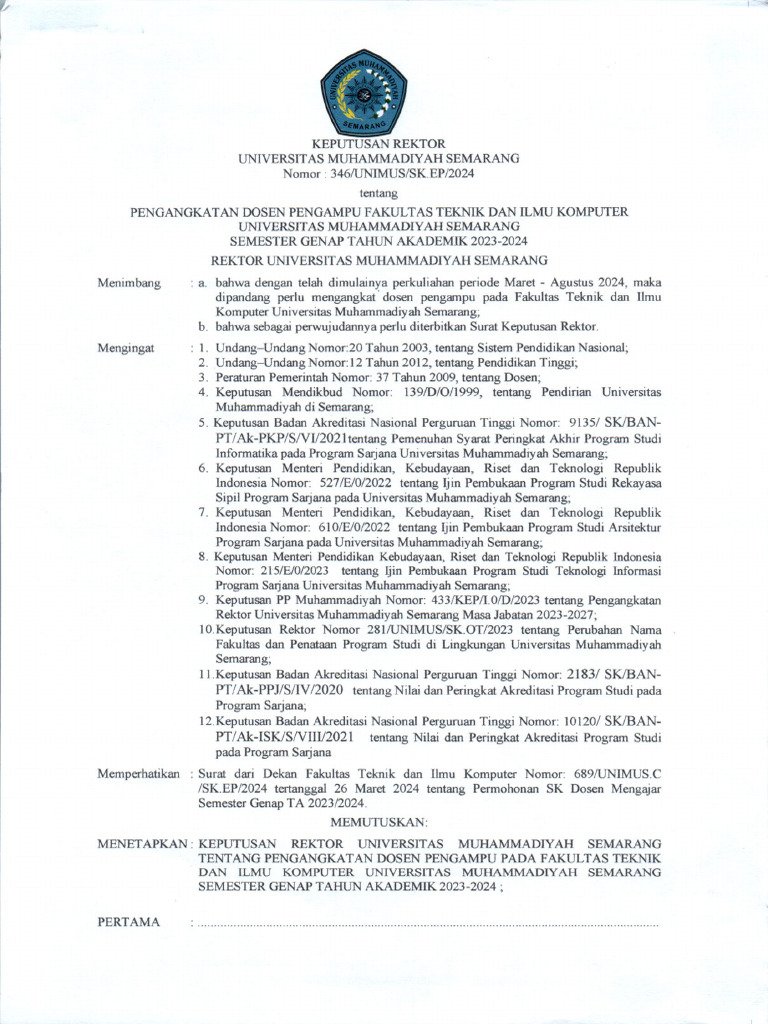 2023-23.346.EP Pengangkatan Dosen Pengampu Mengajar FTIK Semester Genap TA 2023-2024 DST | PDF