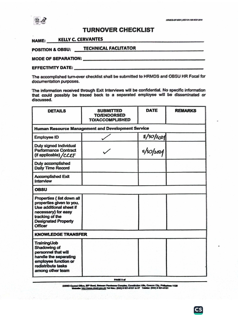 Turnover Checklist | PDF