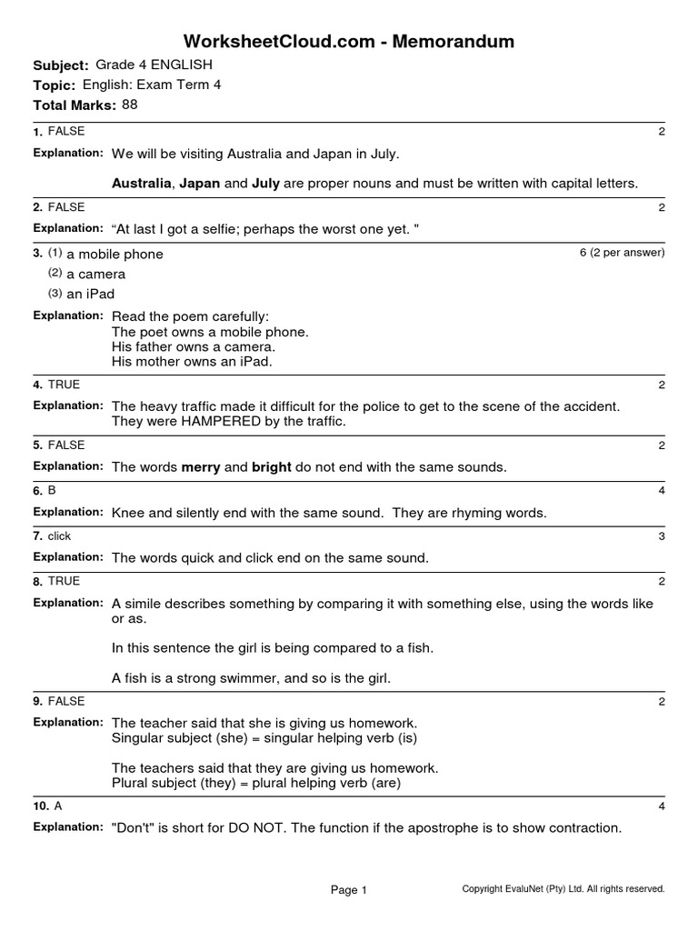 G4 English Term 4 Exam MEMO | PDF | English Language | Grammatical Number