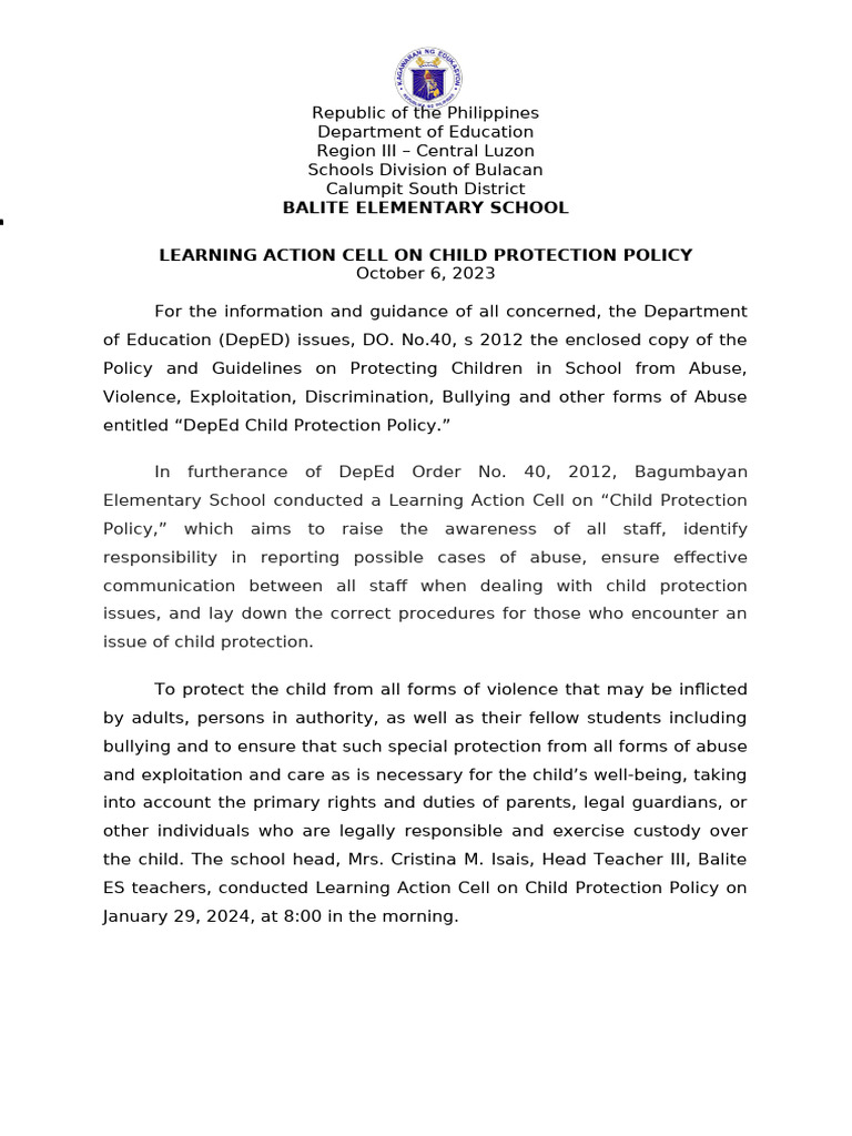 ACR On Child Protection Policy 2023 | PDF | Child Protection | Childhood